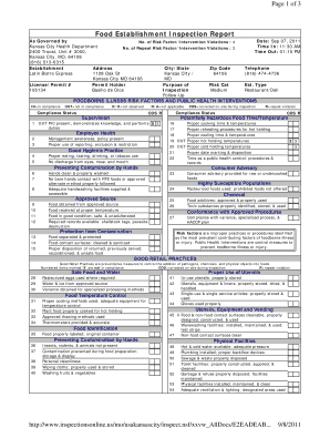 Fillable Online Food Establishment Inspection Report ...