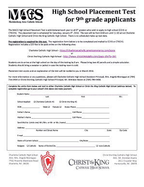 Fillable Online High School Placement Test for 9 grade applicants Fax ...