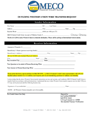 Fillable Online OUTGOING WESTERN UNION WIRE TRANSFER REQUEST Fax Email ...
