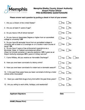 Fillable Online Police Pre-Screening Questionnaire - Memphis ...