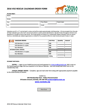 Fillable Online vsovizsla 2016 VSO RESCUE CALENDAR ORDER FORM Fax Email ...