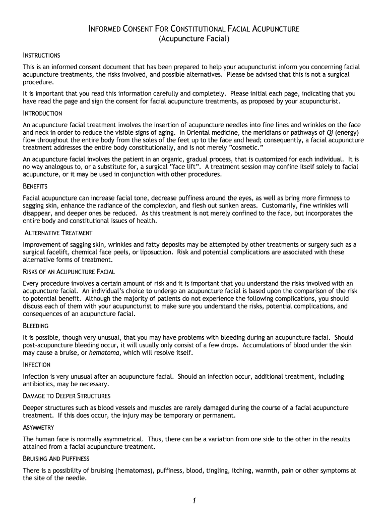 Fillable Online INFORMED CONSENT FOR CONSTITUTIONAL FACIAL ACUPUNCTURE Fax Email Print - pdfFiller