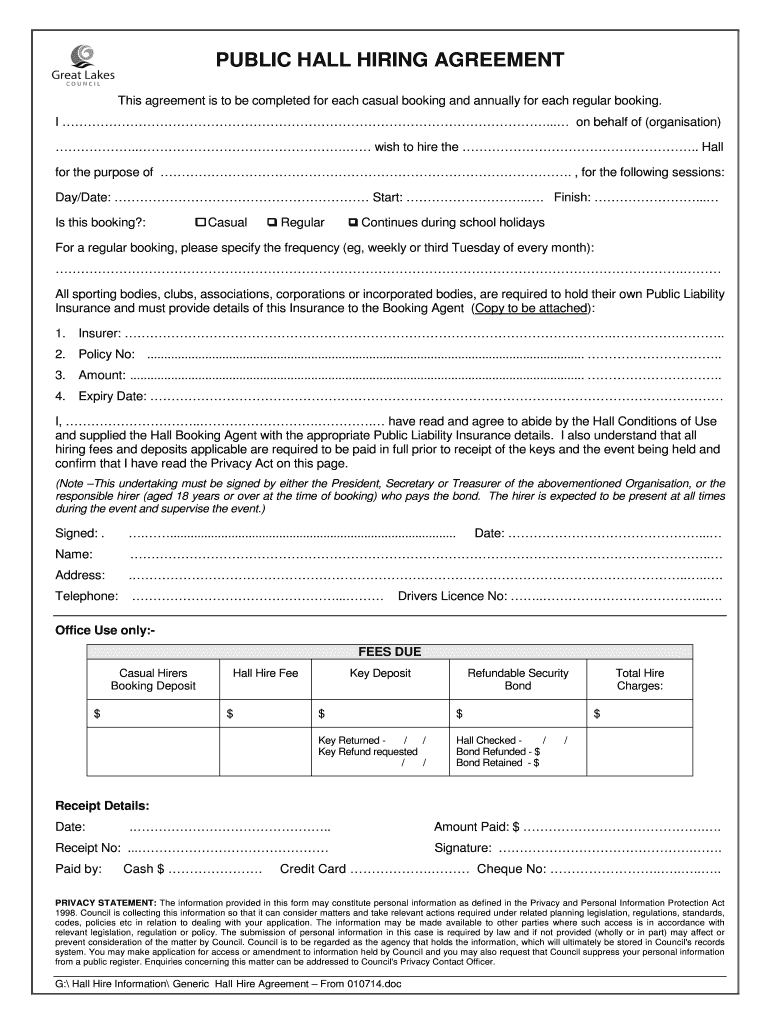 Fillable Online Generic Hall Hiring Agreement - Great Lakes Council Fax ...