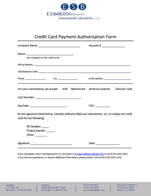 Fillable Online Credit Card Payment Authorization Form - Babcock Laboratories, Inc. Fax Email ...