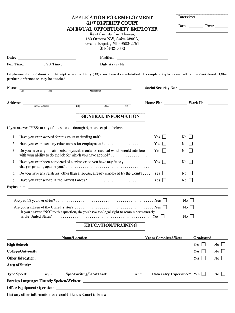 Fillable Online grcourt 61st District Court Job Application Form Fax ...