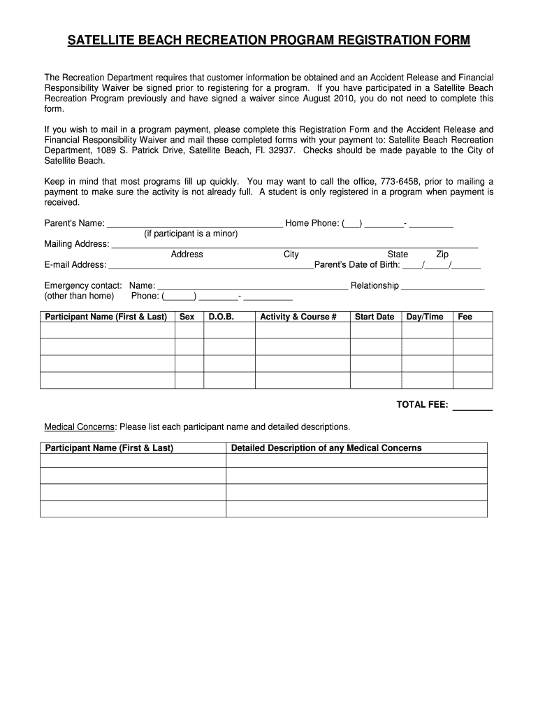 Fillable Online SATELLITE BEACH RECREATION PROGRAM REGISTRATION FORM ...