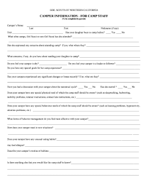 Fillable Online campbutanocreek CAMPER INFORMATION - FOR CAMP STAFF Fax ...
