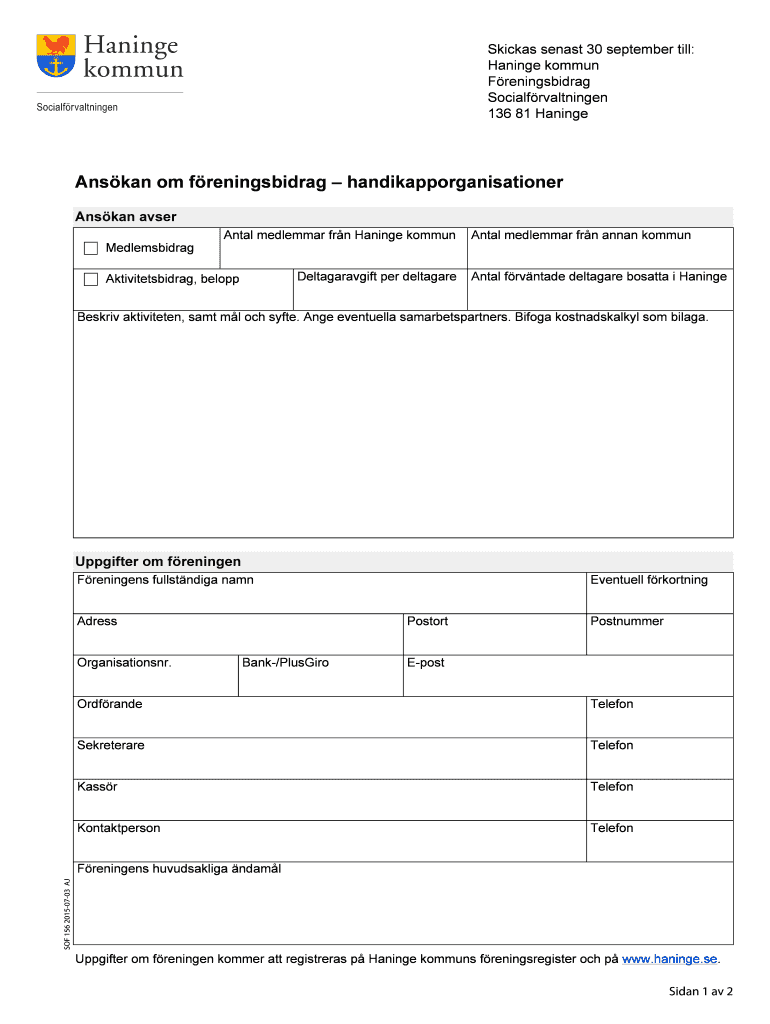 Fillable Online haninge Anskan om freningsbidrag ...