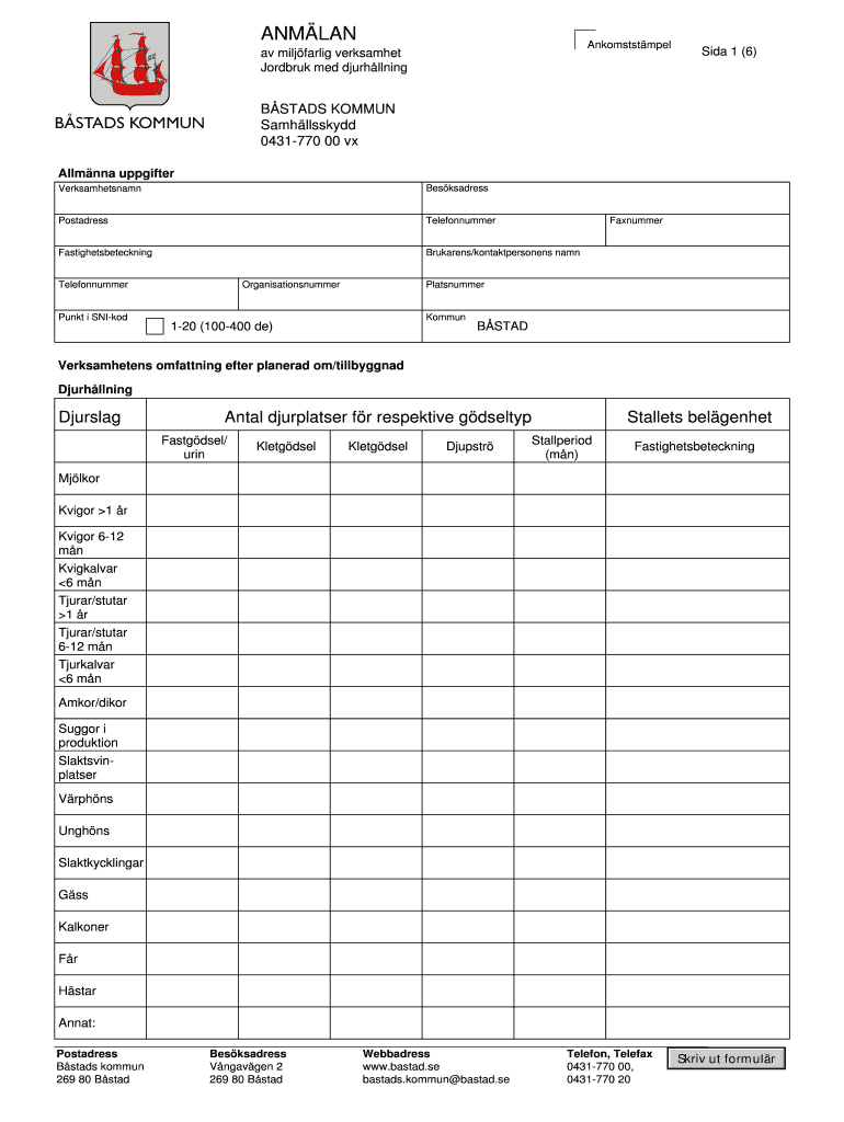 Fillable Online bastad Anm lan om milj farlig verksamhet - jordbruk med djurh llning.pdf Fax ...