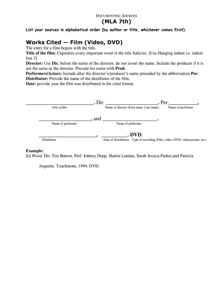 Fillable Online (MLA 7th) Works Cited Film (Video, DVD) . Dir. . Per ...