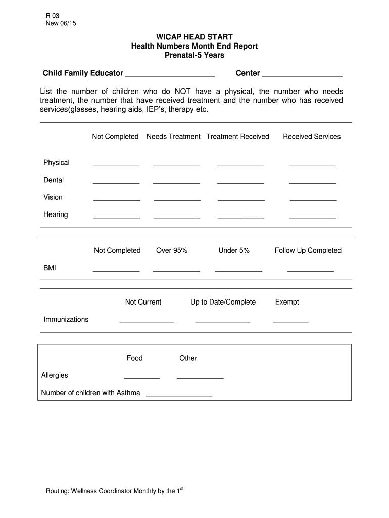Fillable Online WICAP HEAD START Health Numbers Month End Report ...