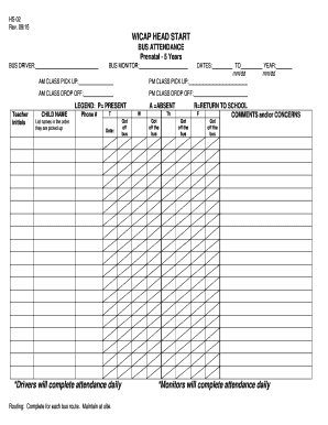 Fillable Online WICAP HEAD START BUS ATTENDANCE Prenatal - 5 Years Fax ...