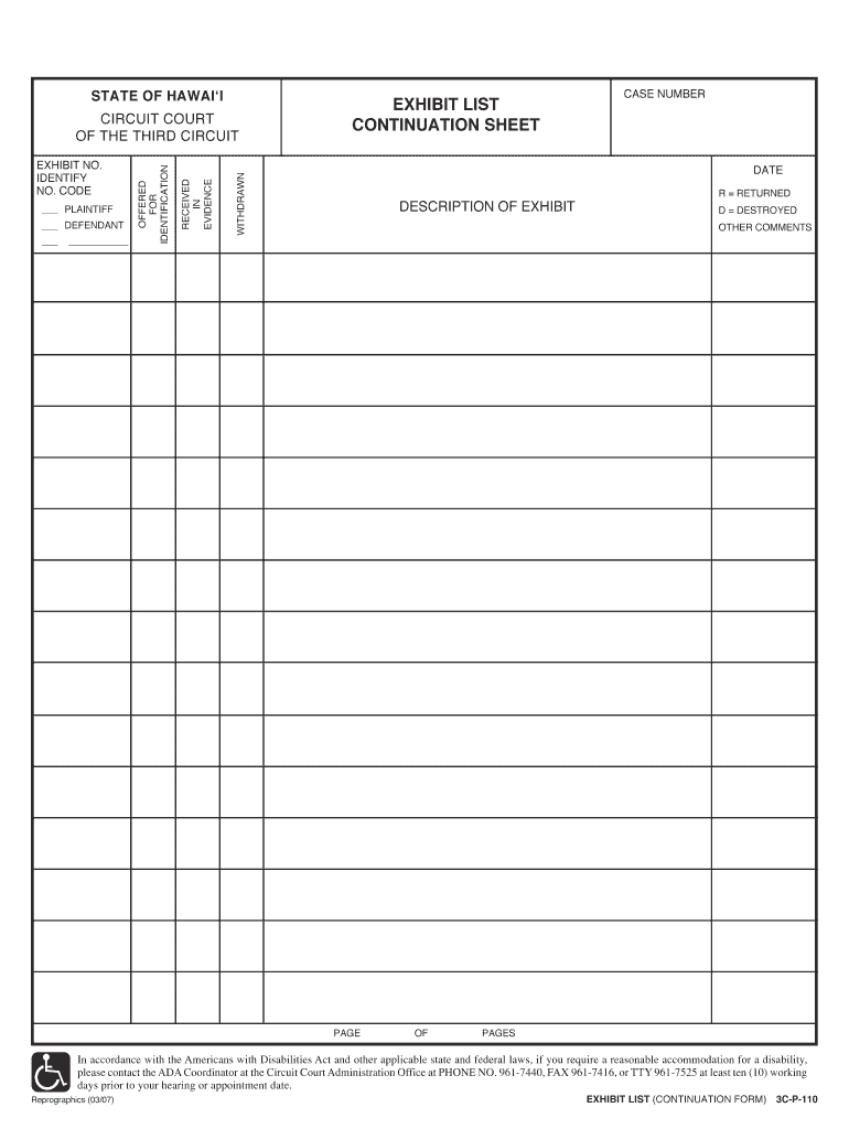 Fillable Online state hi EXHIBIT LIST bCONTINUATION SHEETb Fax Email ...