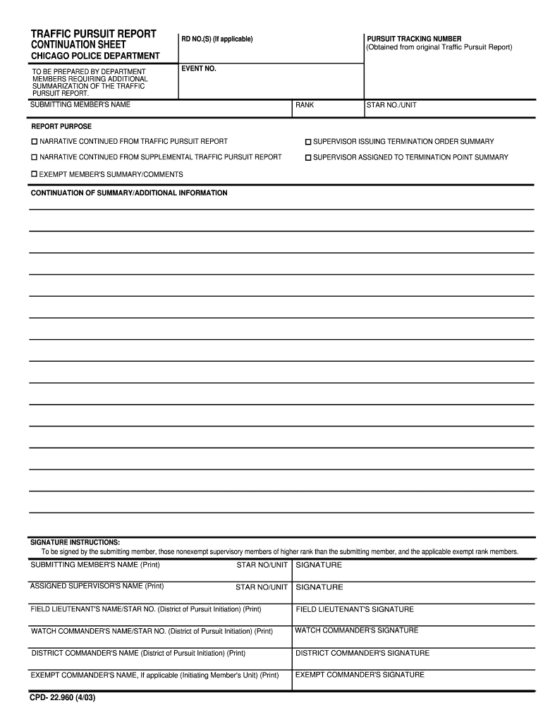 Fillable Online CPD-22960 Traffic Pursuit Report bContinuation Sheetb ...