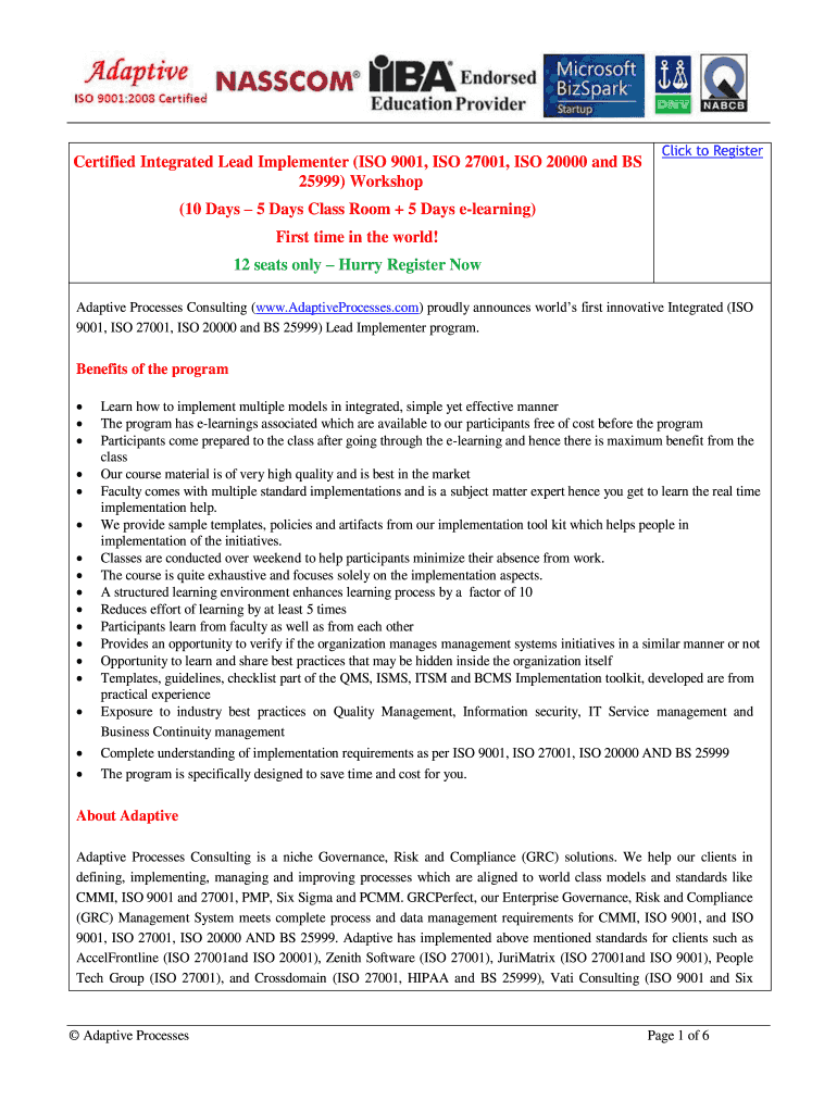 Fillable Online Certified Integrated Lead Implementer (ISO 9001, ISO ...