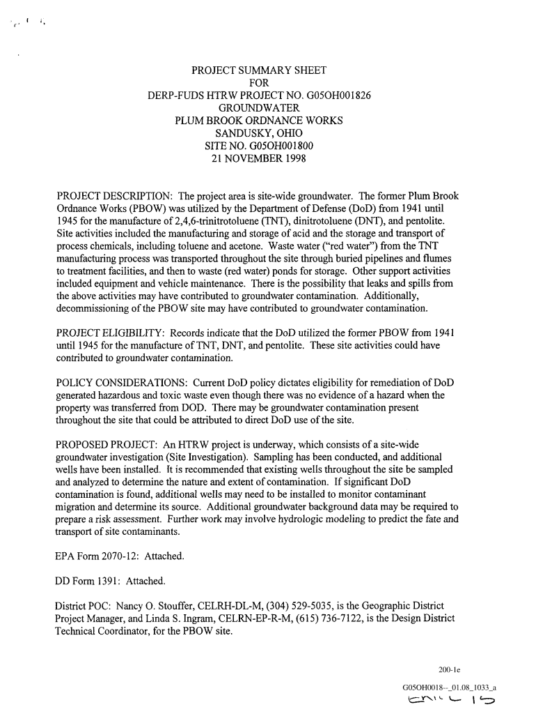 Fillable Online lrh-apps usace army PROJECT SUMMARY SHEET FOR ...