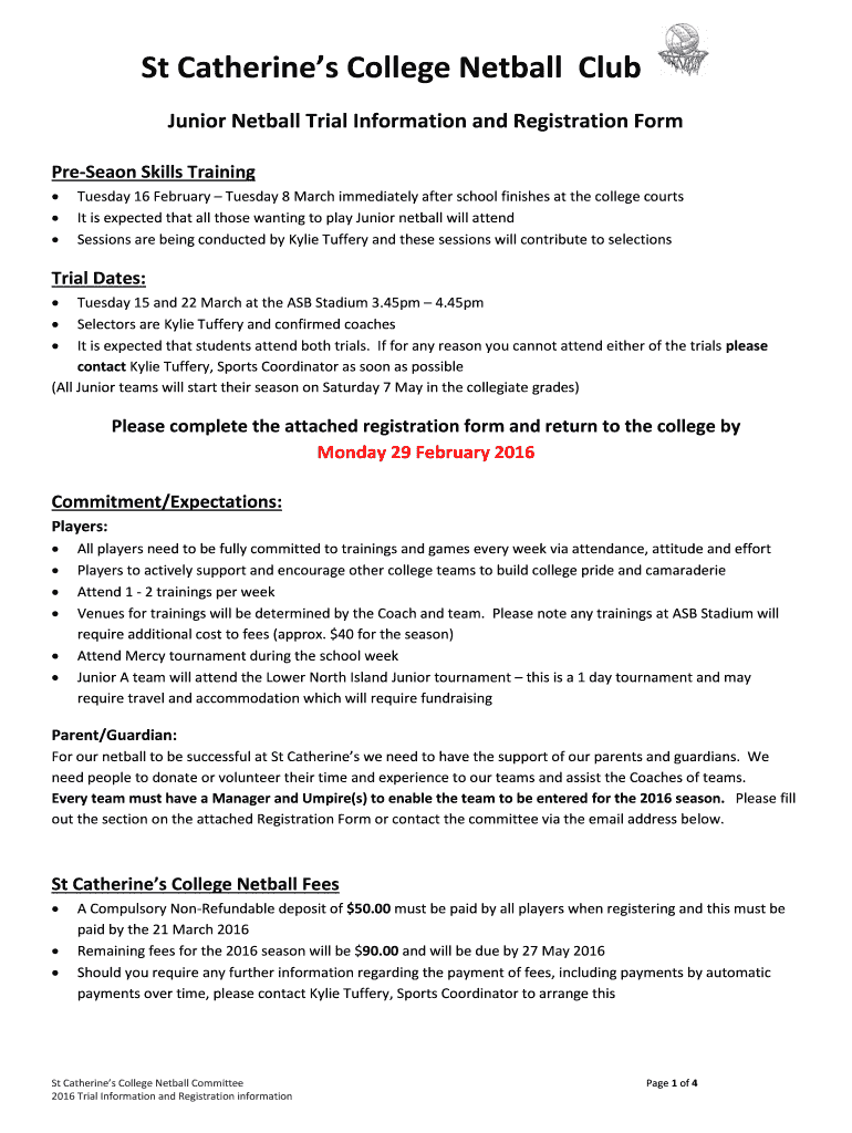 Fillable Online stcatherinescollege school Junior Netball Trial ...