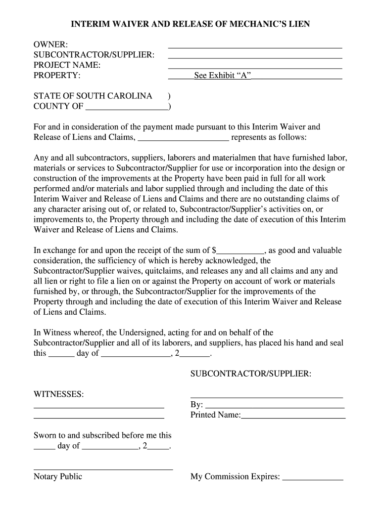 Fillable Online INTERIM WAIVER AND RELEASE OF MECHANIC'S LIEN OWNER ...
