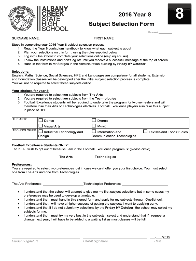 Fillable Online albacreeshs eq edu 2016 Year 8 - Subject Selection Form ...