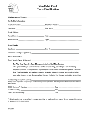 Fillable Online southcentralcu VisaDebit Card Travel Notification ...