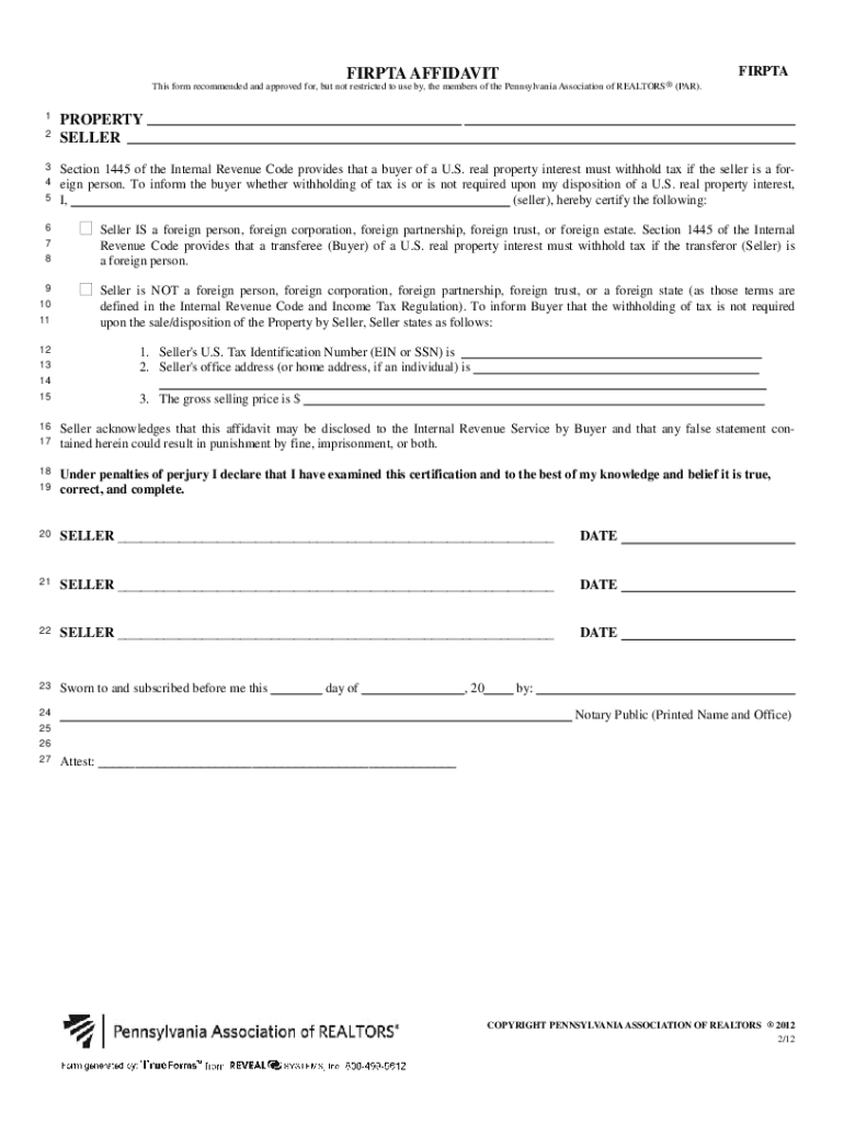 Fillable Online FIRPTA AFFIDAVIT FIRPTA ...