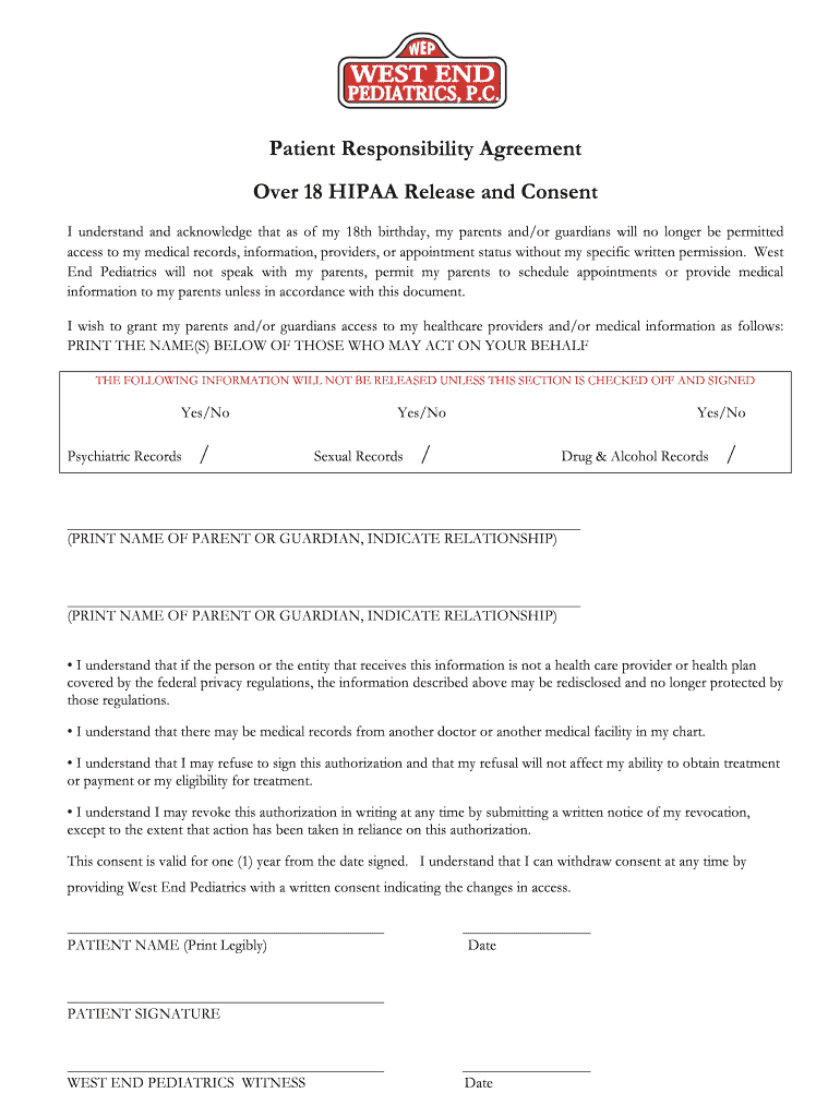 Fillable Online Over 18 Patient Responsibility Agreement ...