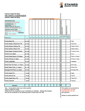 Fillable Online staines qld edu Pie Drive Order Form Aug 2015xls ...