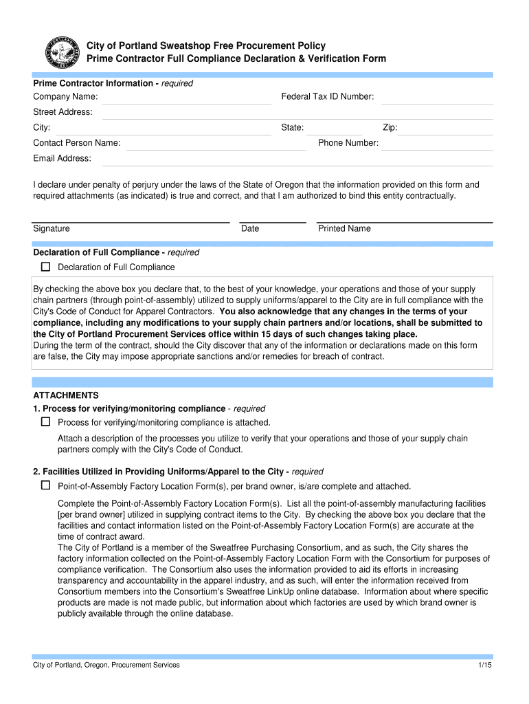 Fillable Online Prime Contractor Full Compliance bDeclarationb amp ...