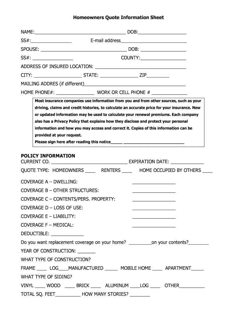 Fillable Online Homeowners Quote Customer Information Sheet Fax Email ...