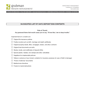 Fillable Online SUGGESTED LIST OF SAFE DEPOSIT BOX CONTENTS Fax Email ...