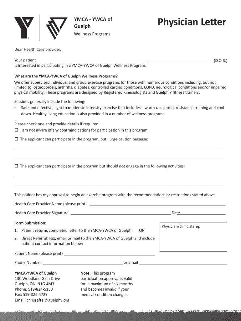 Fillable Online YMCA-YWCA of Guelph Physician Letter Fax Email Print ...