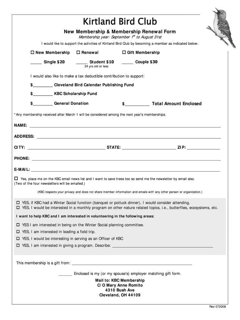 Fillable Online kirtlandbirdclub KBC Membership Form KBC Membership ...