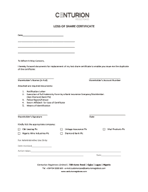 Fillable Online LOSS OF SHARE CERTIFICATE - Centurion Registrars Fax ...
