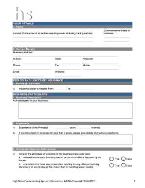 Fillable Online Construction All Risks Proposal - High Street ...