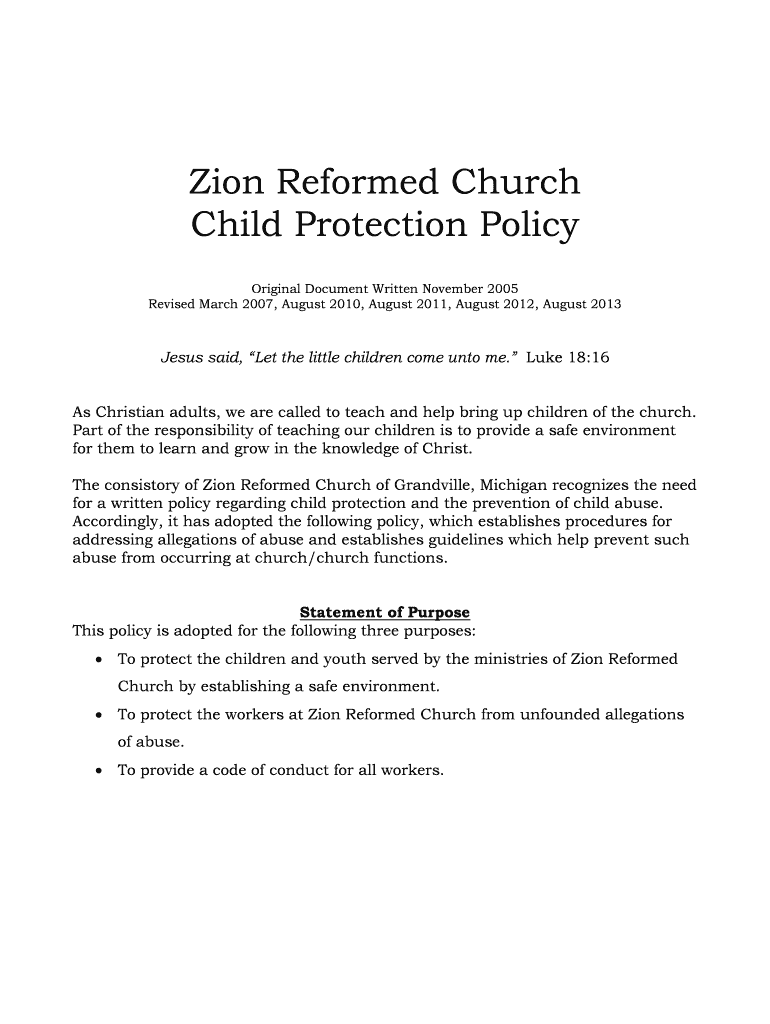 Fillable Online zionreformed Zion Reformed Church Child Protection ...