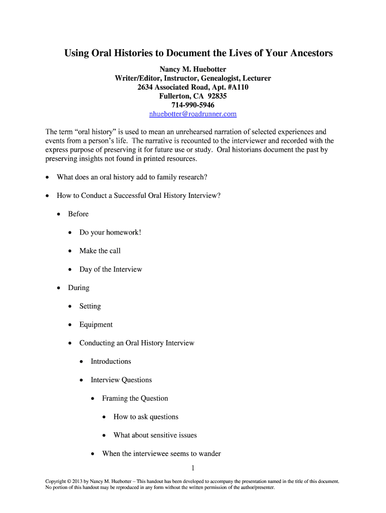 Fillable Online ocfamilyhistory Using Oral Histories to Document the ...