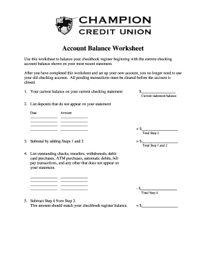 Fillable Online Account Balance Worksheet - Champion Credit Union Fax ...