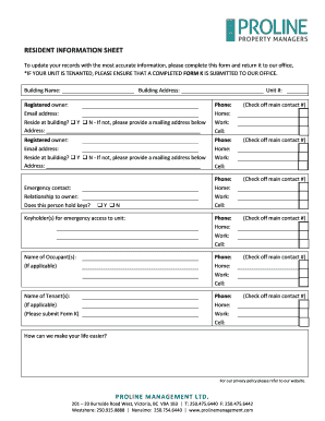 Fillable Online RESIDENT INFORMATION SHEET - Proline Management Fax ...