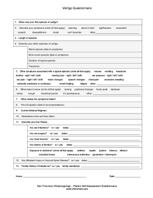 Fillable Online Vertigo Questionnaire - San Francisco Otolaryngology ...