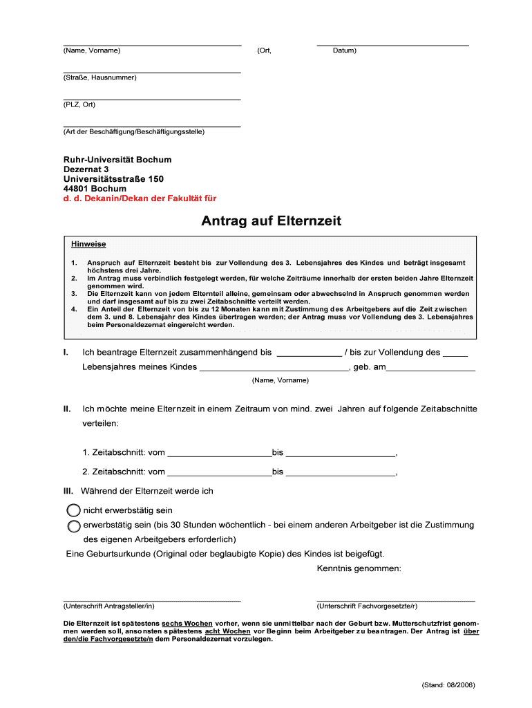 Ausfüllbar Online Antrag auf Elternzeit - Verwaltung Ruhr-Universit t ...