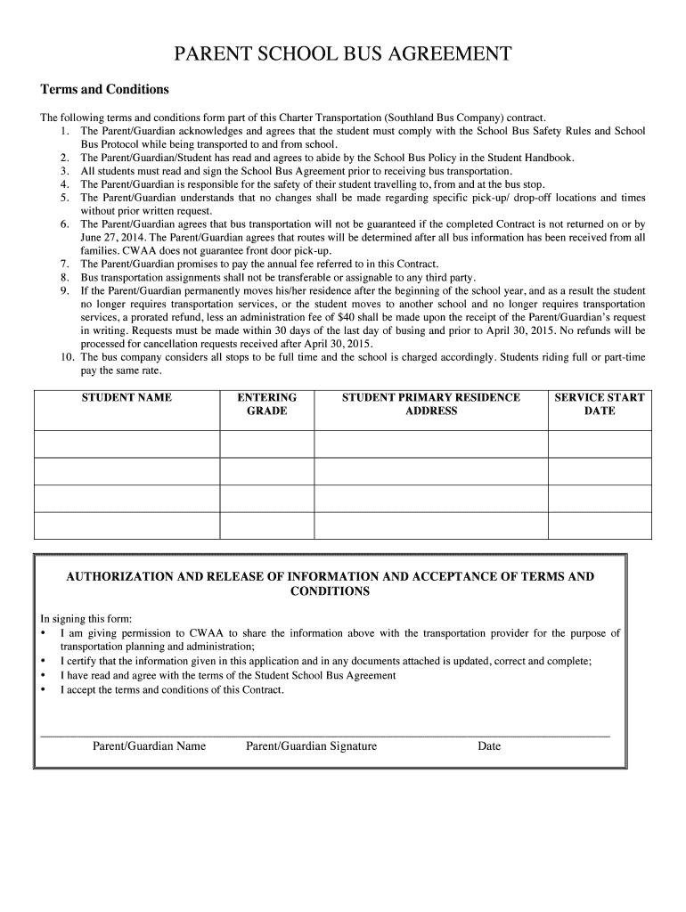 Fillable Online PARENT SCHOOL BUS AGREEMENT Fax Email Print - pdfFiller