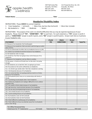 Fillable Online Headache Disability Index Fax Email Print - pdfFiller