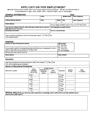 Fillable Online APPLICATION FOR EMPLOYMENT - Marshall Community CU Fax ...