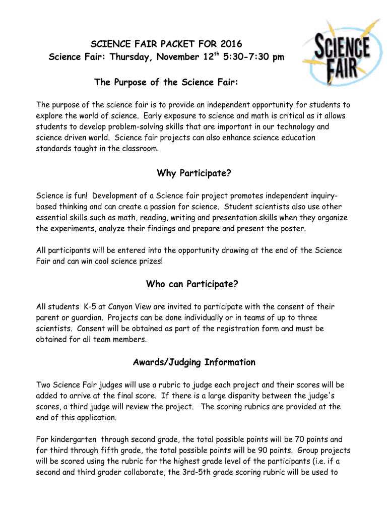 Fillable Online canyonviewpta SCIENCE FAIR PACKET FOR 2016 Science Fair ...