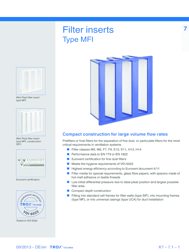 Fillable Online Filter inserts Type MFI TROX Catalogue Filter Units Filter Elements Fax Email ...