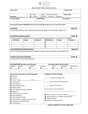 Fillable Online Health History Questionnaire - Suburban Health ...