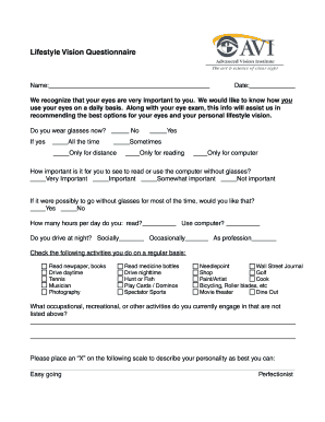 Fillable Online advancedvision Lifestyle Vision Questionnaire ...