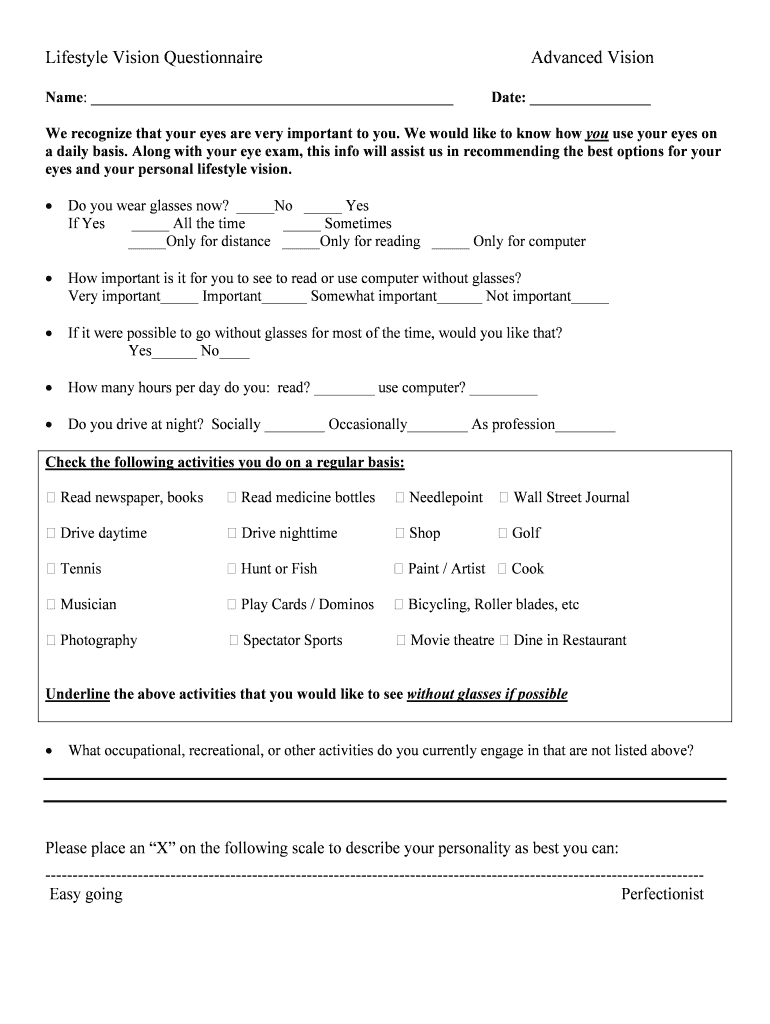 Fillable Online advancedvision Lifestyle Vision Questionnaire Advanced ...