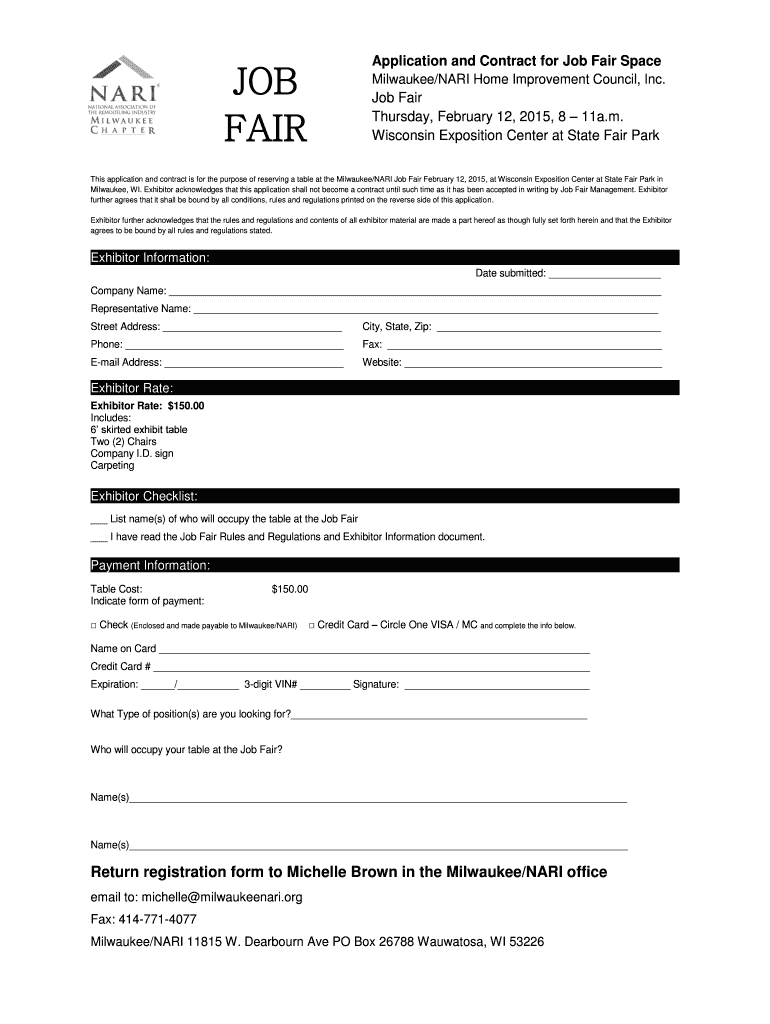 Fillable Online milwaukeenari Application and Contract for Job Fair ...