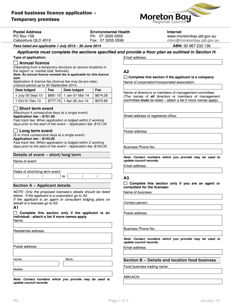 Fillable Online Food business licence application Temporary premises ...